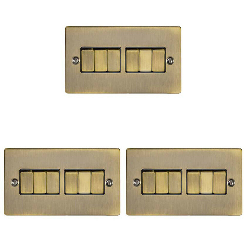 3 PACK 6 Gang Metal Multi Light Switch ANTIQUE BRASS 2 Way 10A Black T ...