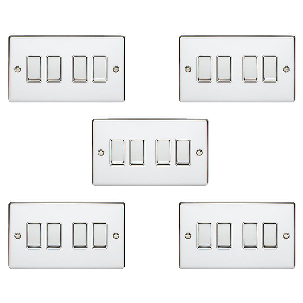 5 PACK 4 Gang Metal Quad Light Switch POLISHED CHROME 2 Way 10A White ...