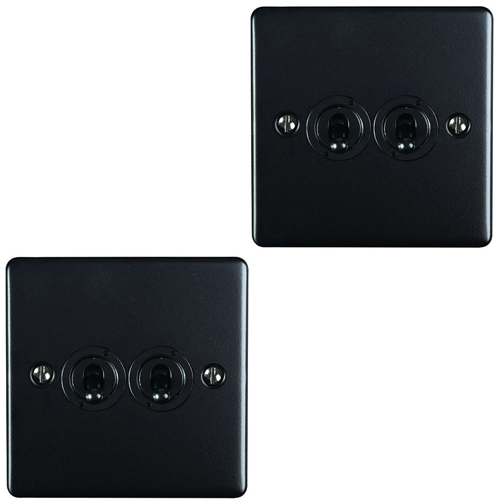 2 PACK 2 Gang Double Retro Toggle Light Switch MATT BLACK 10A 2 Way Pl ...