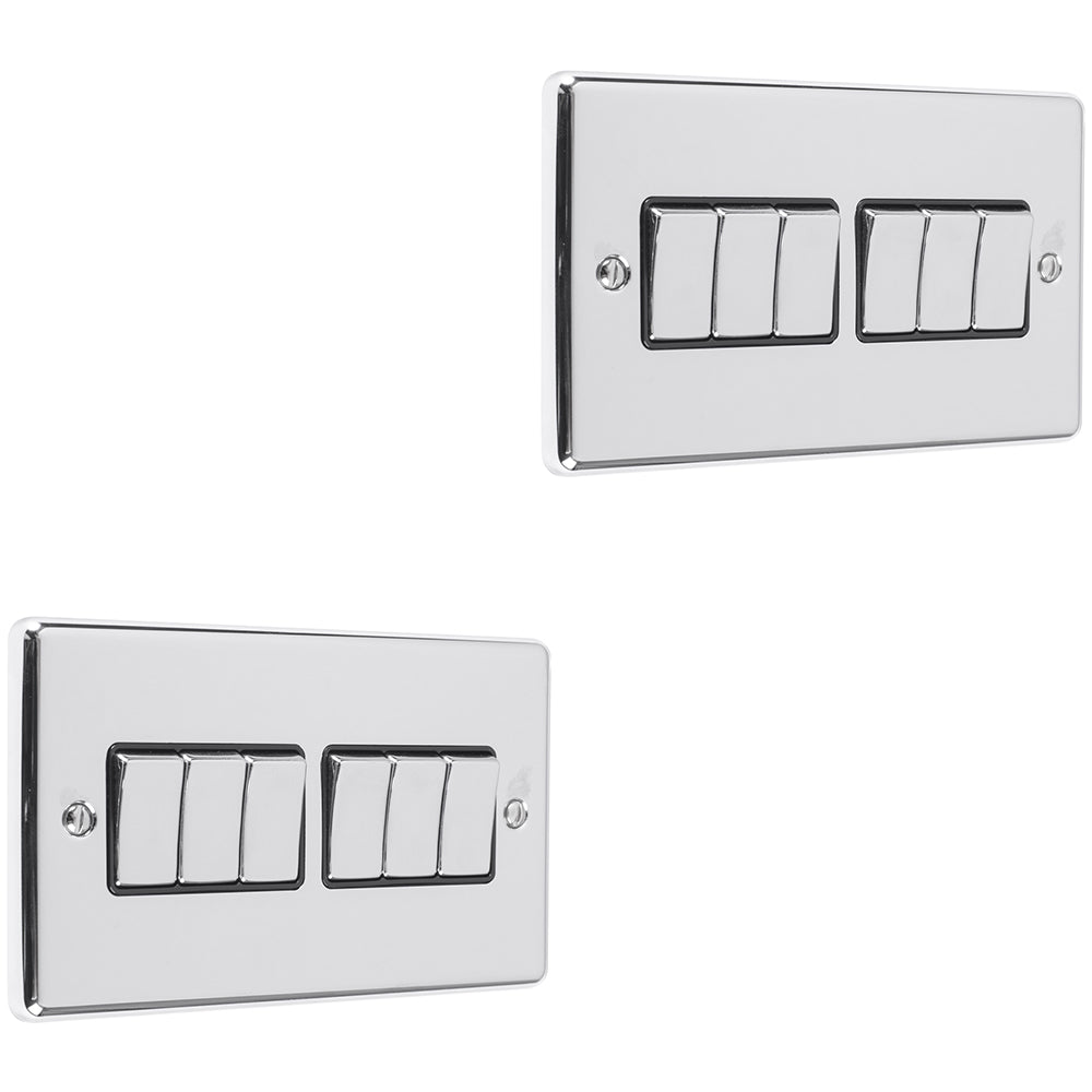 2 PACK 6 Gang Multi Light Switch POLISHED CHROME & BLACK 2 Way 10A Met ...