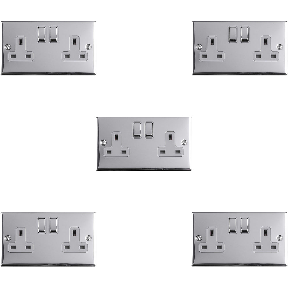5 PACK 2 Gang Double UK Plug Socket POLISHED CHROME 13A Switched GREY ...