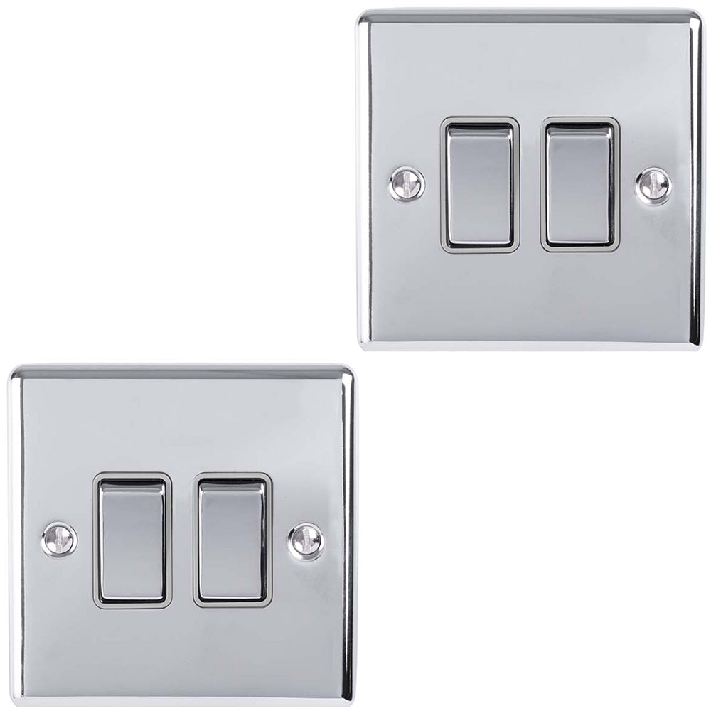 2 PACK 2 Gang Double Metal Light Switch POLISHED CHROME 2 Way 10A GREY ...