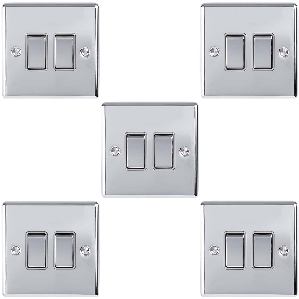 5 PACK 2 Gang Double Metal Light Switch POLISHED CHROME 2 Way 10A GREY ...