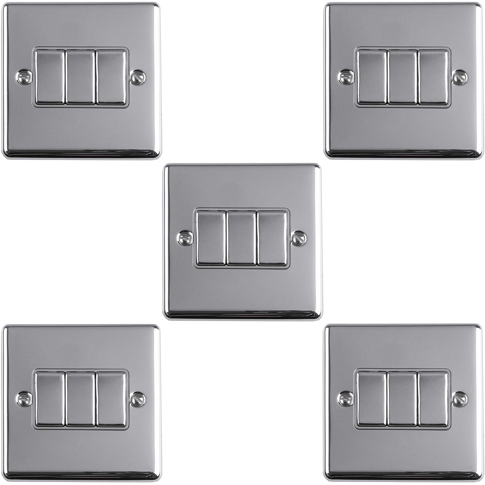 5 PACK 3 Gang Triple Metal Light Switch POLISHED CHROME 2 Way 10A GREY ...