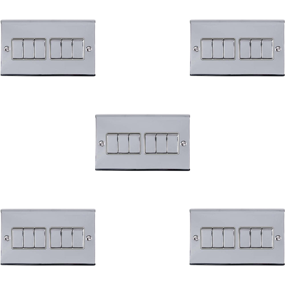 5 PACK 6 Gang Metal Multi Light Switch POLISHED CHROME 2 Way 10A GREY ...