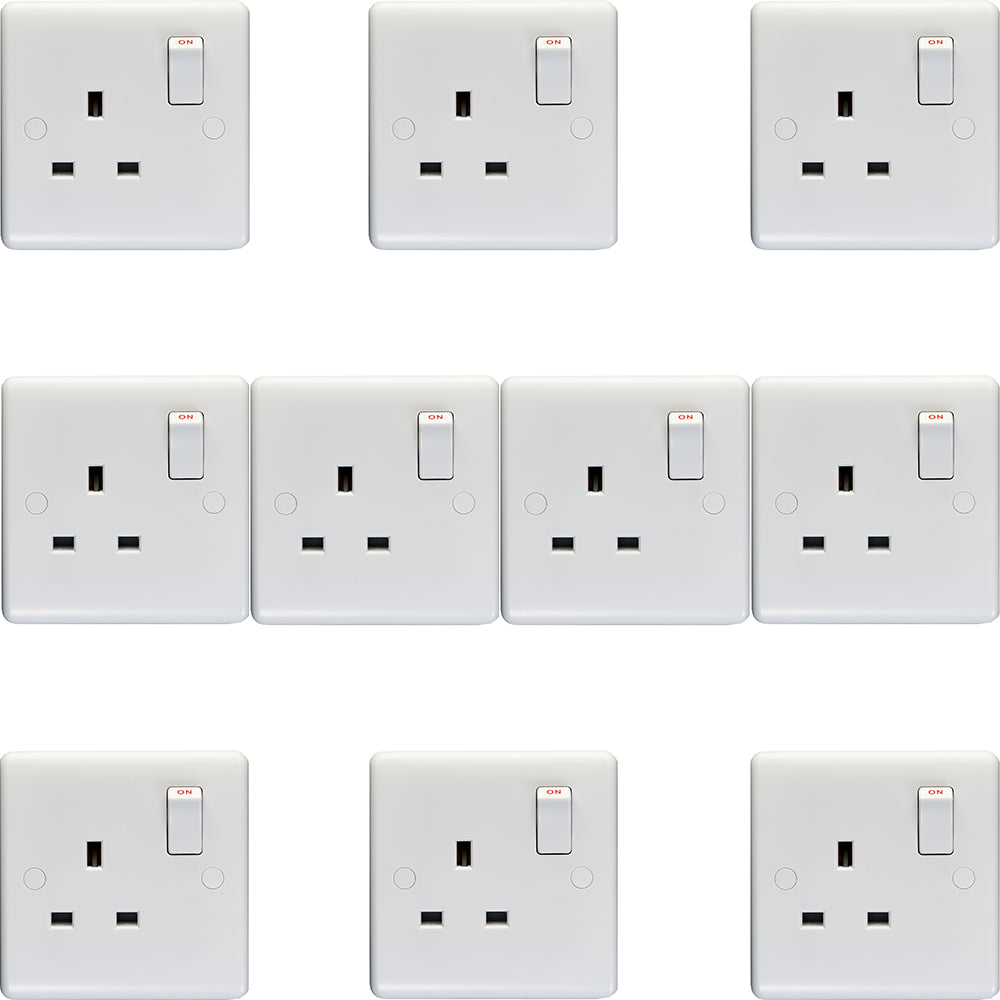 10 PACK 1 Gang Single Pole 13A Switched UK Plug Socket - WHITE Wall Po ...