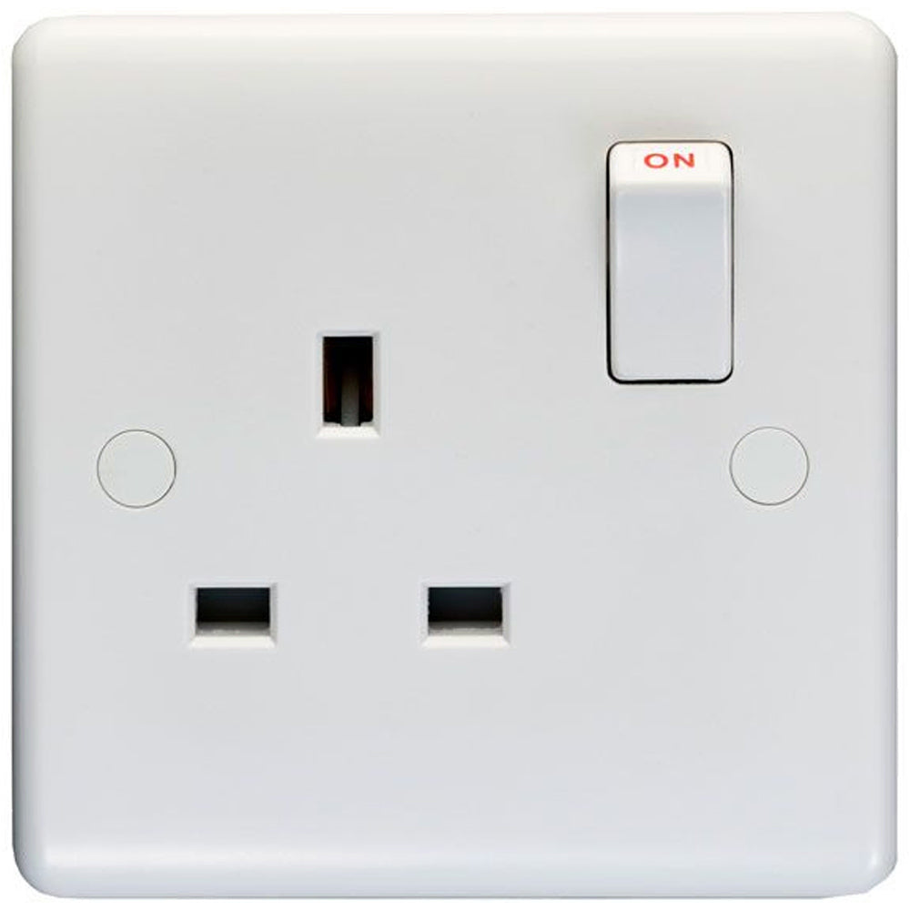 1 Gang Double Pole 13A Switched UK Plug Socket - WHITE PLASTIC Wall Po ...