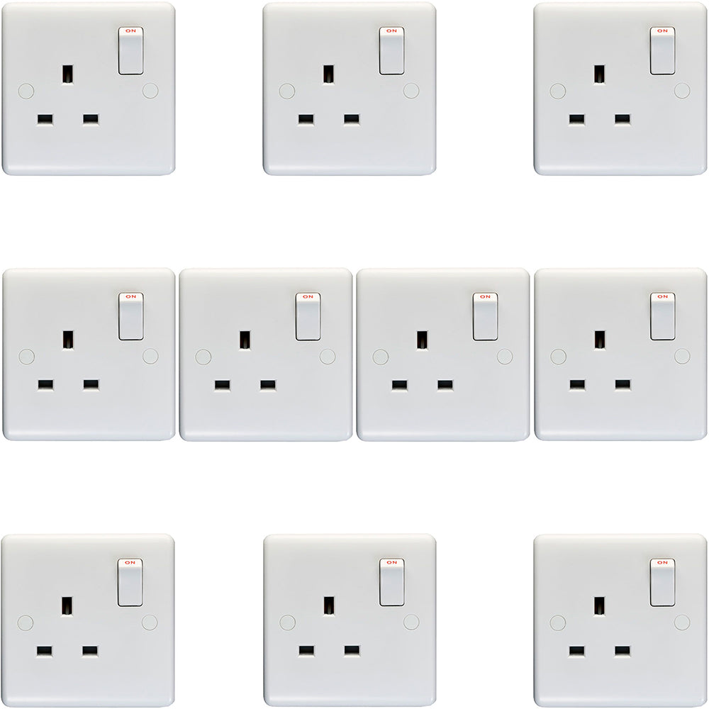 10 PACK 1 Gang Double Pole 13A Switched UK Plug Socket - WHITE Wall Po ...