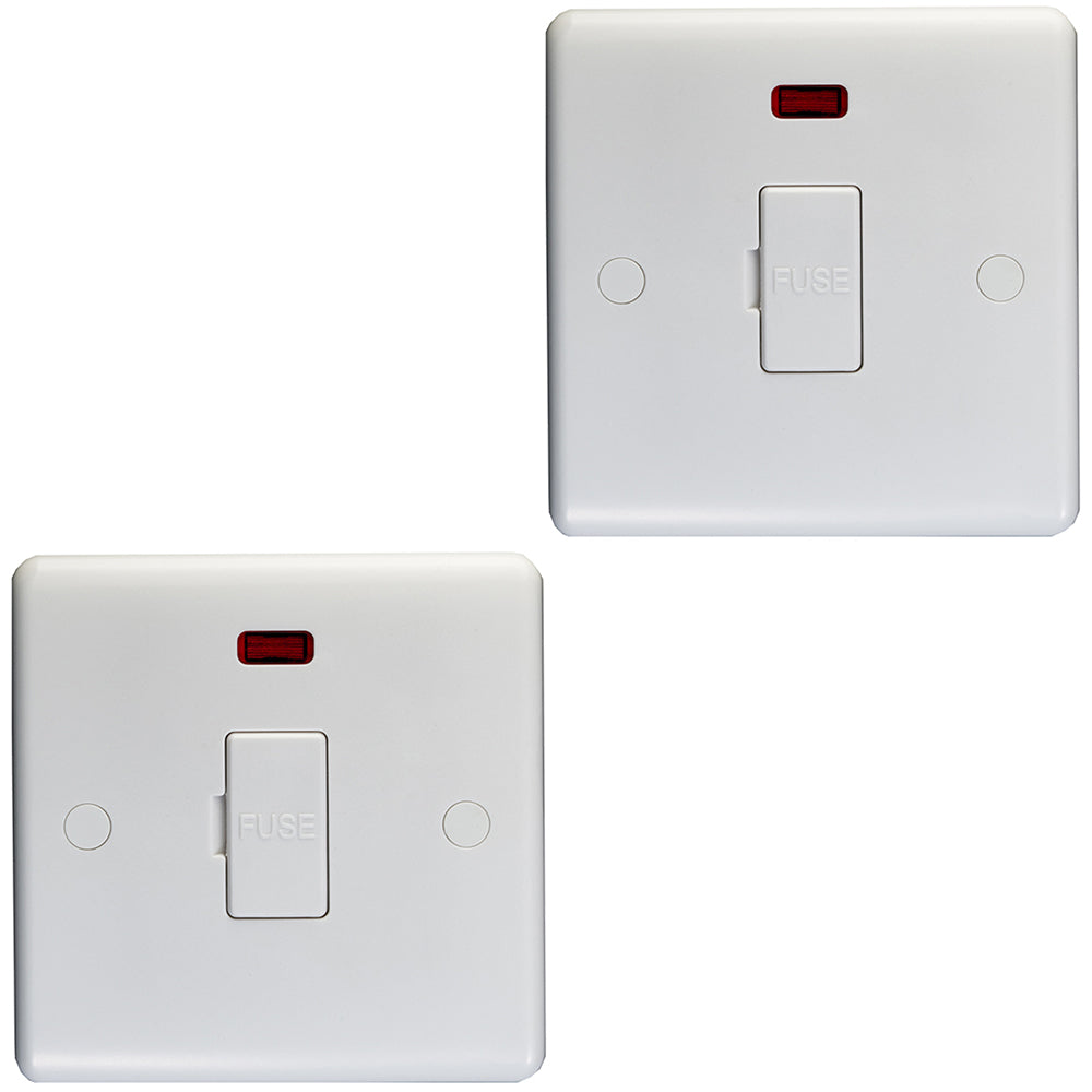 2 PACK 13A Unswitched Fuse Spur & Neon - WHITE Mains Isolation Wall Pl ...
