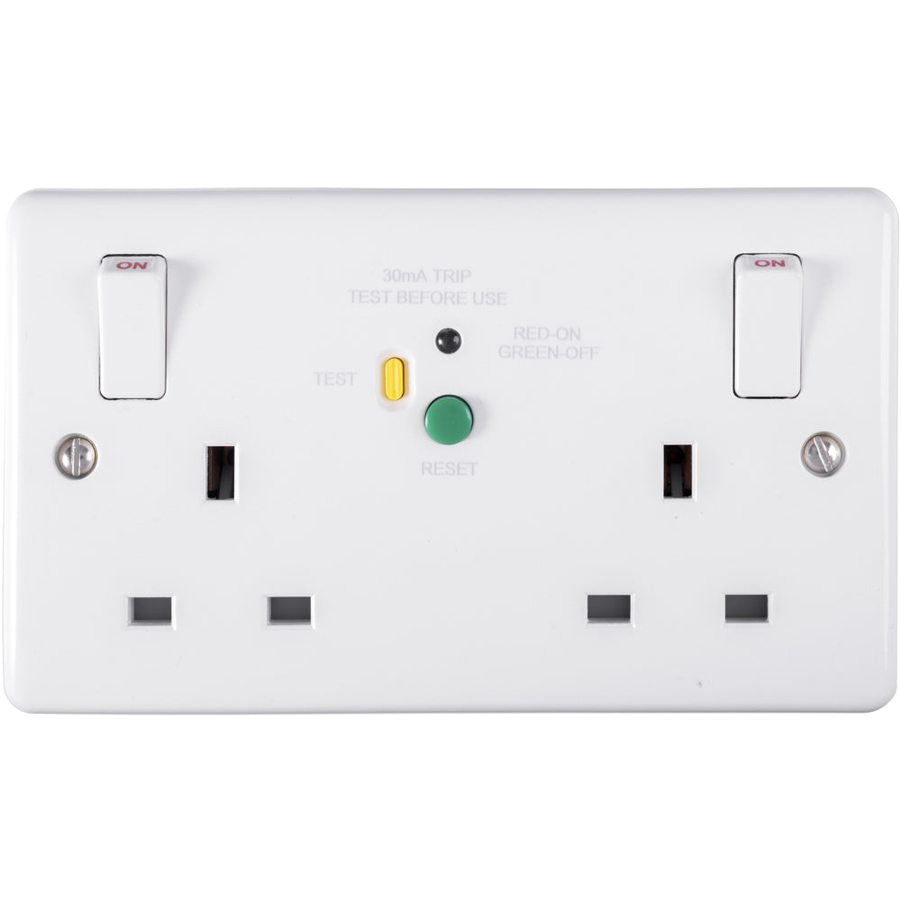 2 Gang Double 13A Swithed UK Plug Socket - 30mA Passive RCD WHITE Safe ...
