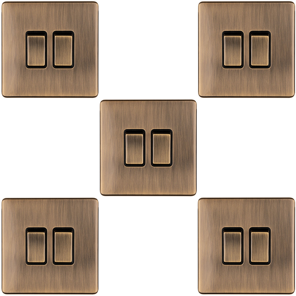 5 PACK 2 Gang Double Light Switch SCREWLESS ANTIQUE BRASS 2 Way 10A Sl ...