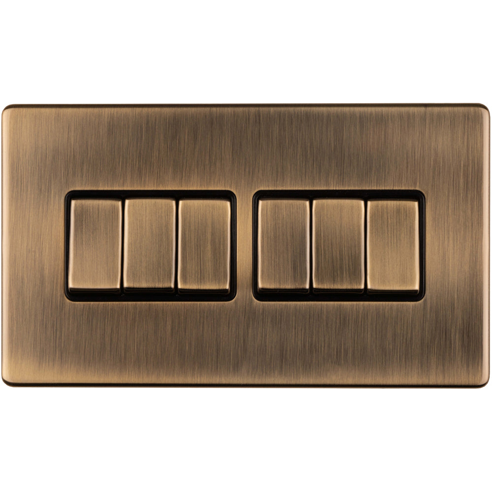 6 Gang Multi Light Switch SCREWLESS ANTIQUE BRASS 2 Way 10A Metal Rock ...