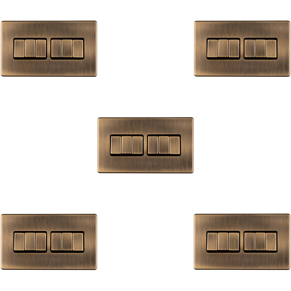5 PACK 6 Gang Multi Light Switch SCREWLESS ANTIQUE BRASS 2 Way 10A Sli ...