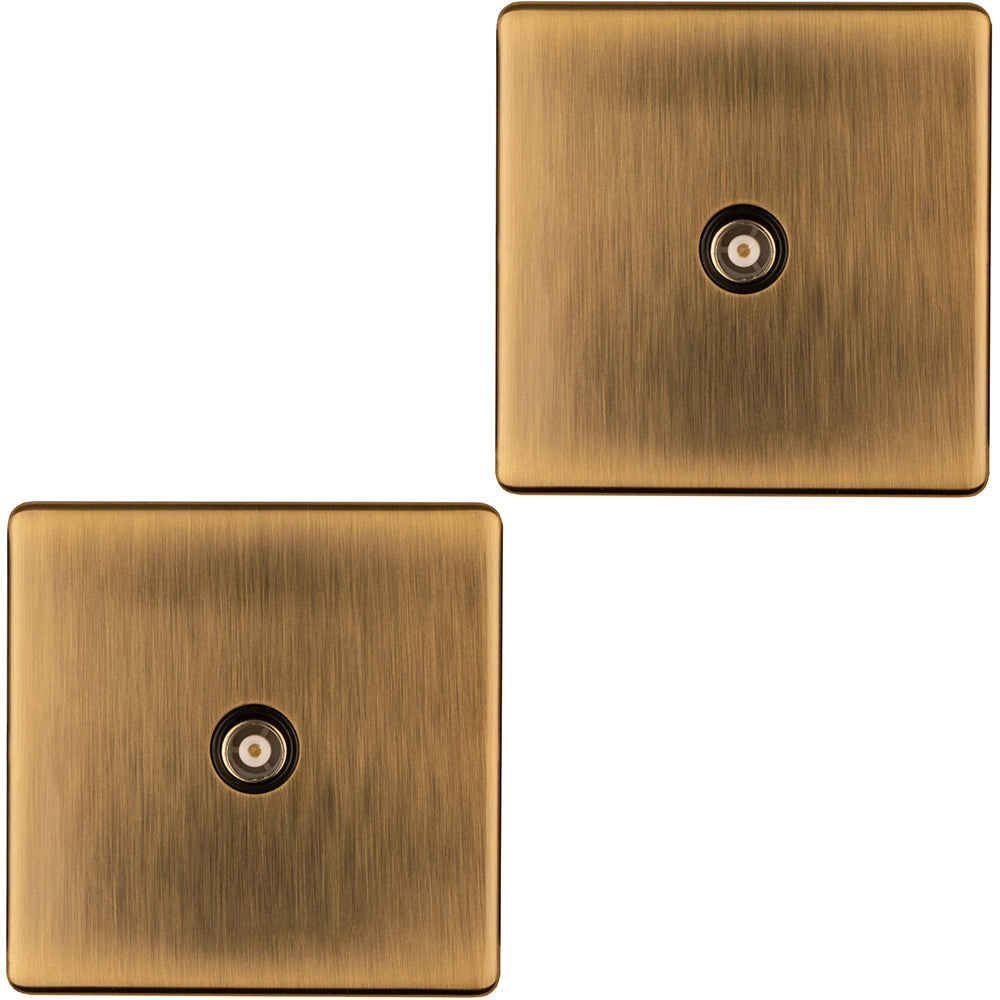 2 PACK 1 Gang Single TV Coaxial Aerial Socket SCREWLESS ANTIQUE BRASS ...