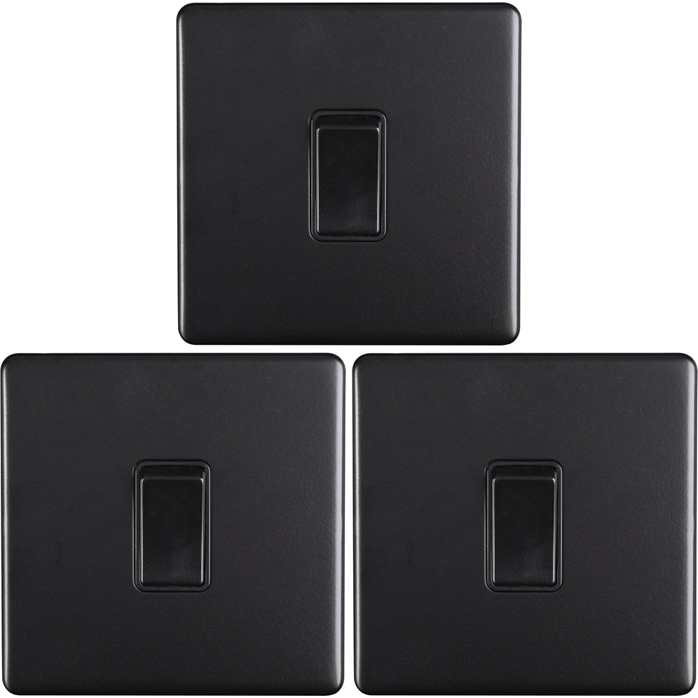 3 PACK 1 Gang Single Light Switch SCREWLESS MATT BLACK 2 Way 10A Slim ...
