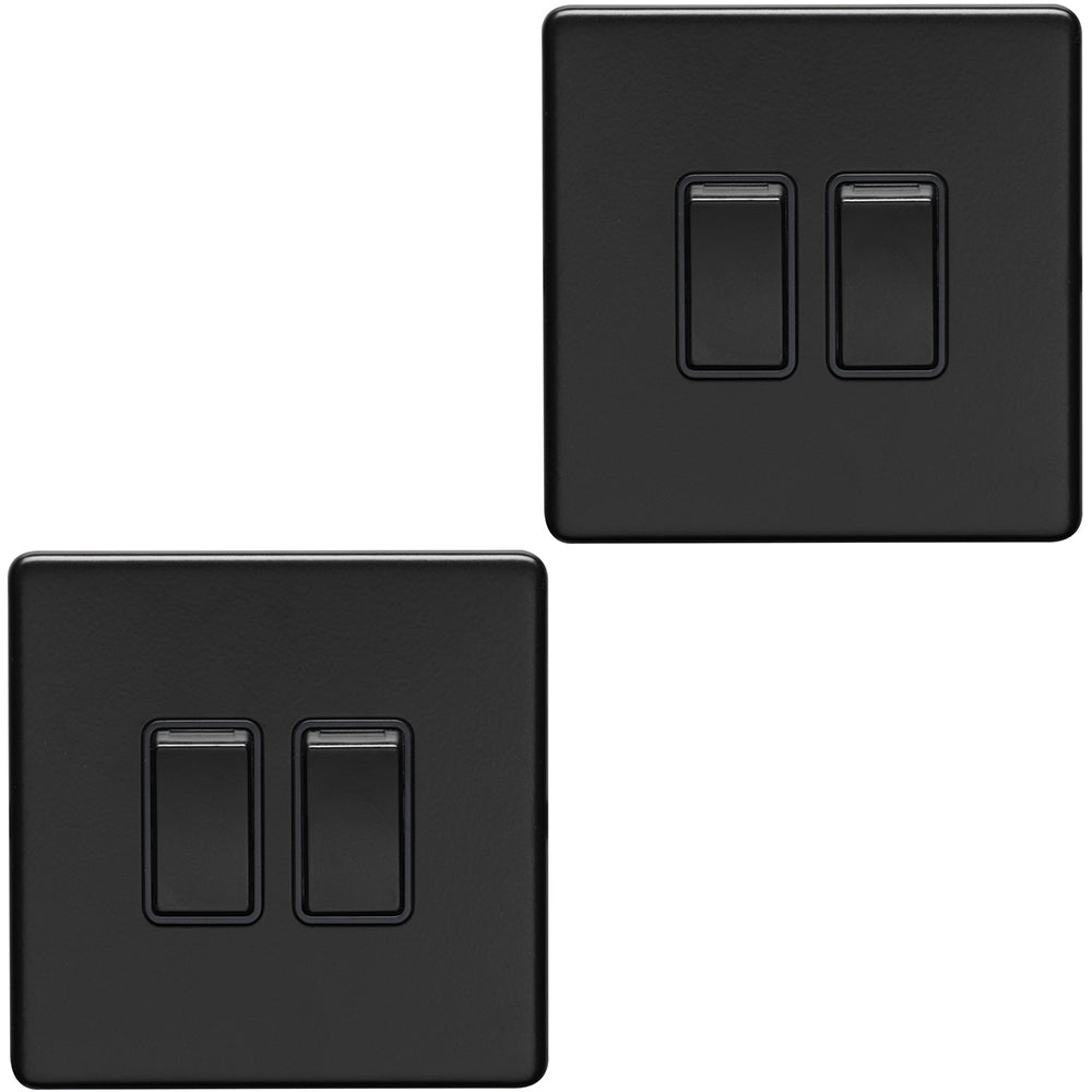 2 PACK 2 Gang Double Light Switch SCREWLESS MATT BLACK 2 Way 10A Slim ...