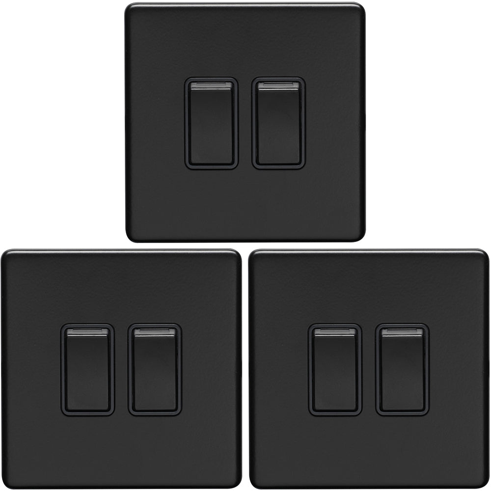 3 PACK 2 Gang Double Light Switch SCREWLESS MATT BLACK 2 Way 10A Slim ...