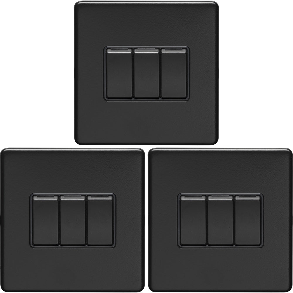 3 PACK 3 Gang Triple Light Switch SCREWLESS MATT BLACK 2 Way 10A Slim ...
