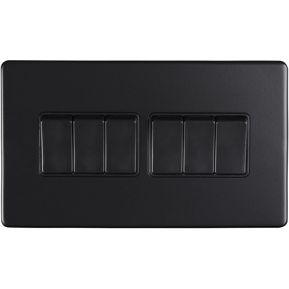 6 Gang Multi Light Switch SCREWLESS MATT BLACK 2 Way 10A Metal Rocker ...