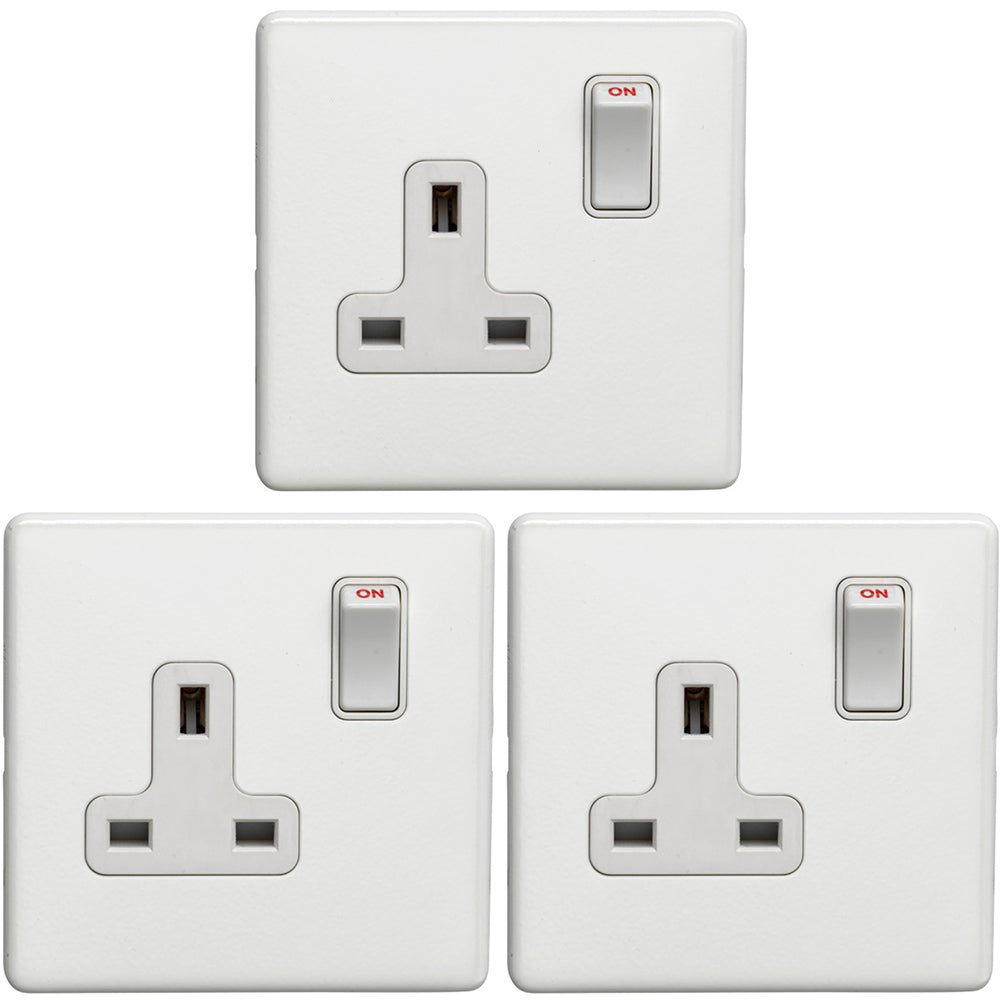 3 PACK 1 Gang DP 13A Switched UK Plug Socket SCREWLESS MATT WHITE Wall ...