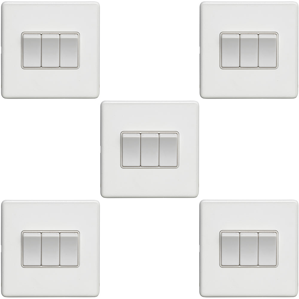 5 PACK 3 Gang Triple Light Switch SCREWLESS MATT WHITE 2 Way 10A Slim ...