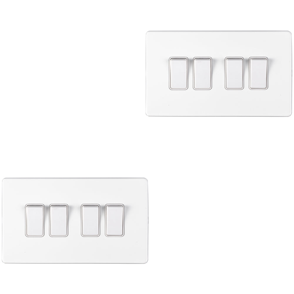 2 PACK 4 Gang Quad Light Switch SCREWLESS MATT WHITE 2 Way 10A Slim Ro ...