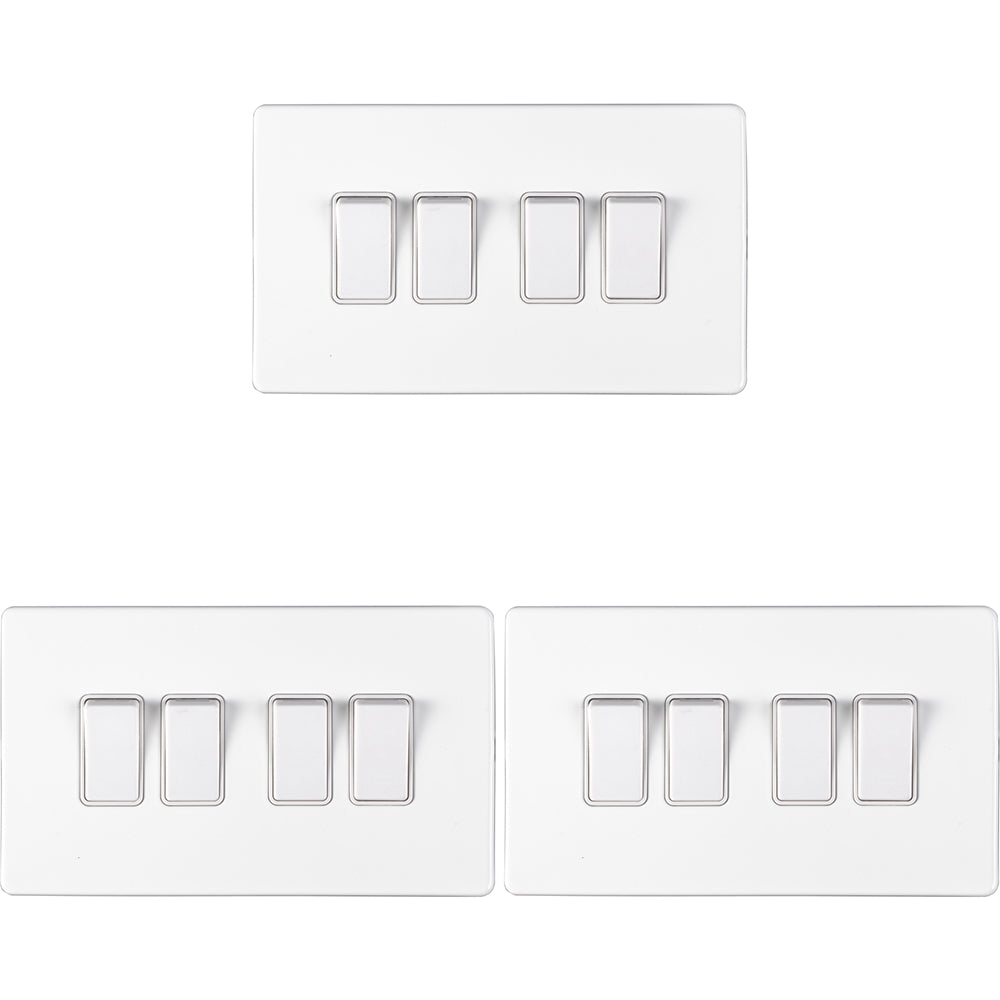 3 PACK 4 Gang Quad Light Switch SCREWLESS MATT WHITE 2 Way 10A Slim Ro ...