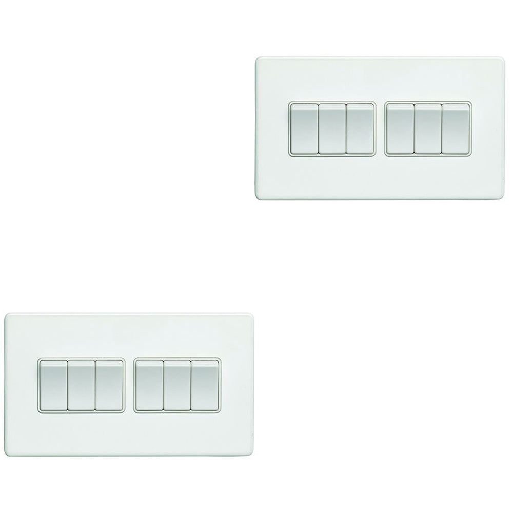 2 PACK 6 Gang Multi Light Switch SCREWLESS MATT WHITE 2 Way 10A Slim R ...