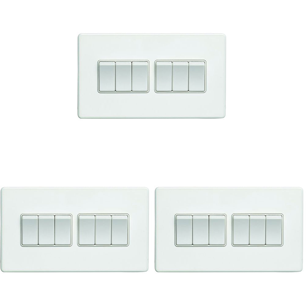 3 PACK 6 Gang Multi Light Switch SCREWLESS MATT WHITE 2 Way 10A Slim R ...