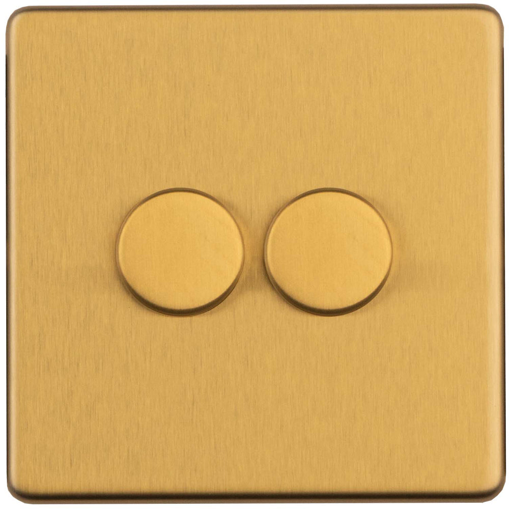 2 Gang Rotary Dimmer Switch 2 Way LED SCREWLESS SATIN BRASS Light Dimm ...