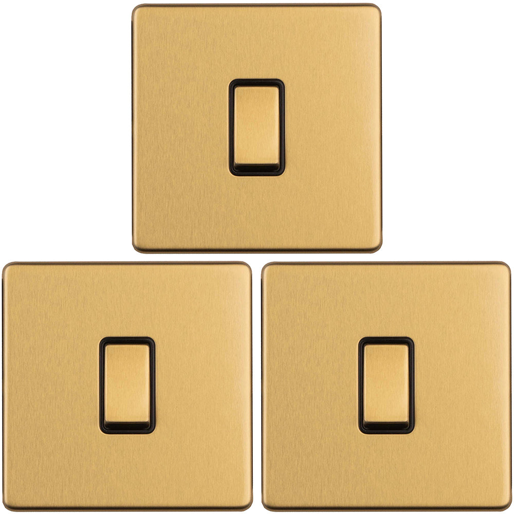3 PACK 1 Gang Single Light Switch SCREWLESS SATIN BRASS 2 Way 10A Slim ...