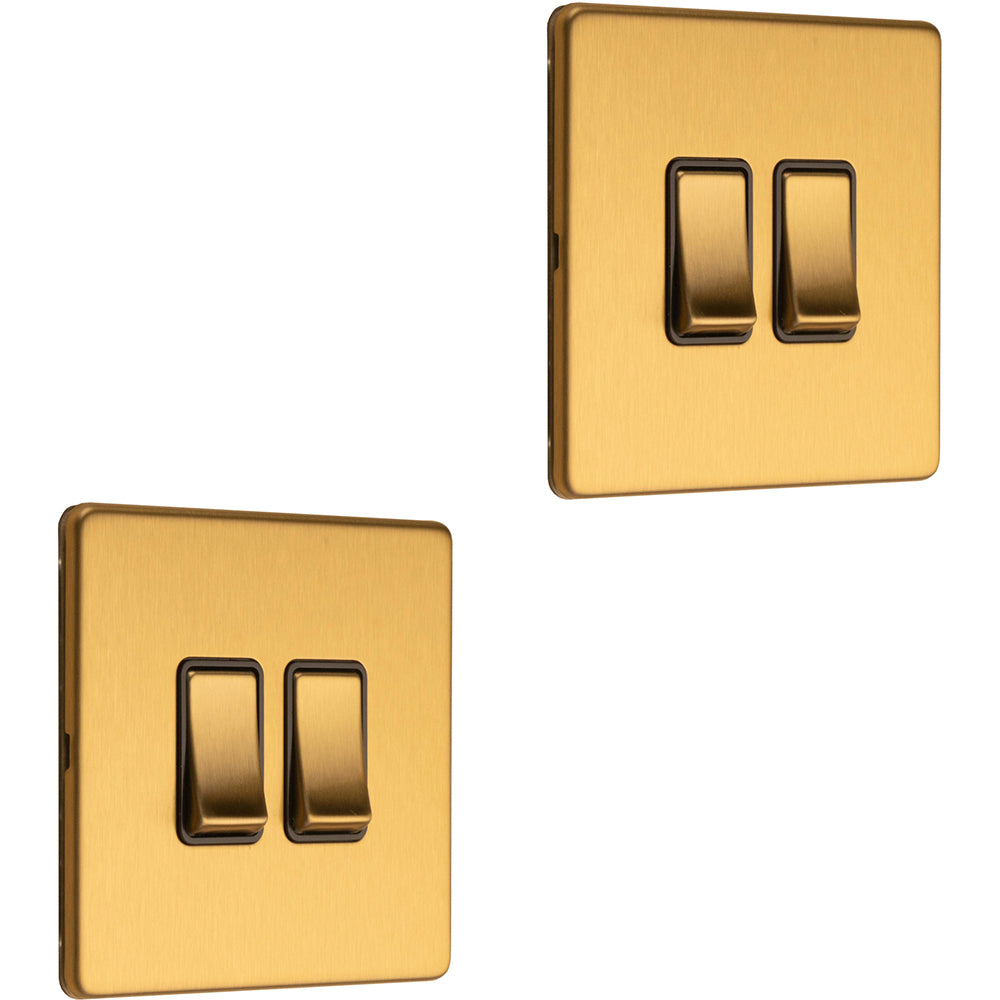 2 PACK 2 Gang Double Light Switch SCREWLESS SATIN BRASS 2 Way 10A Slim ...