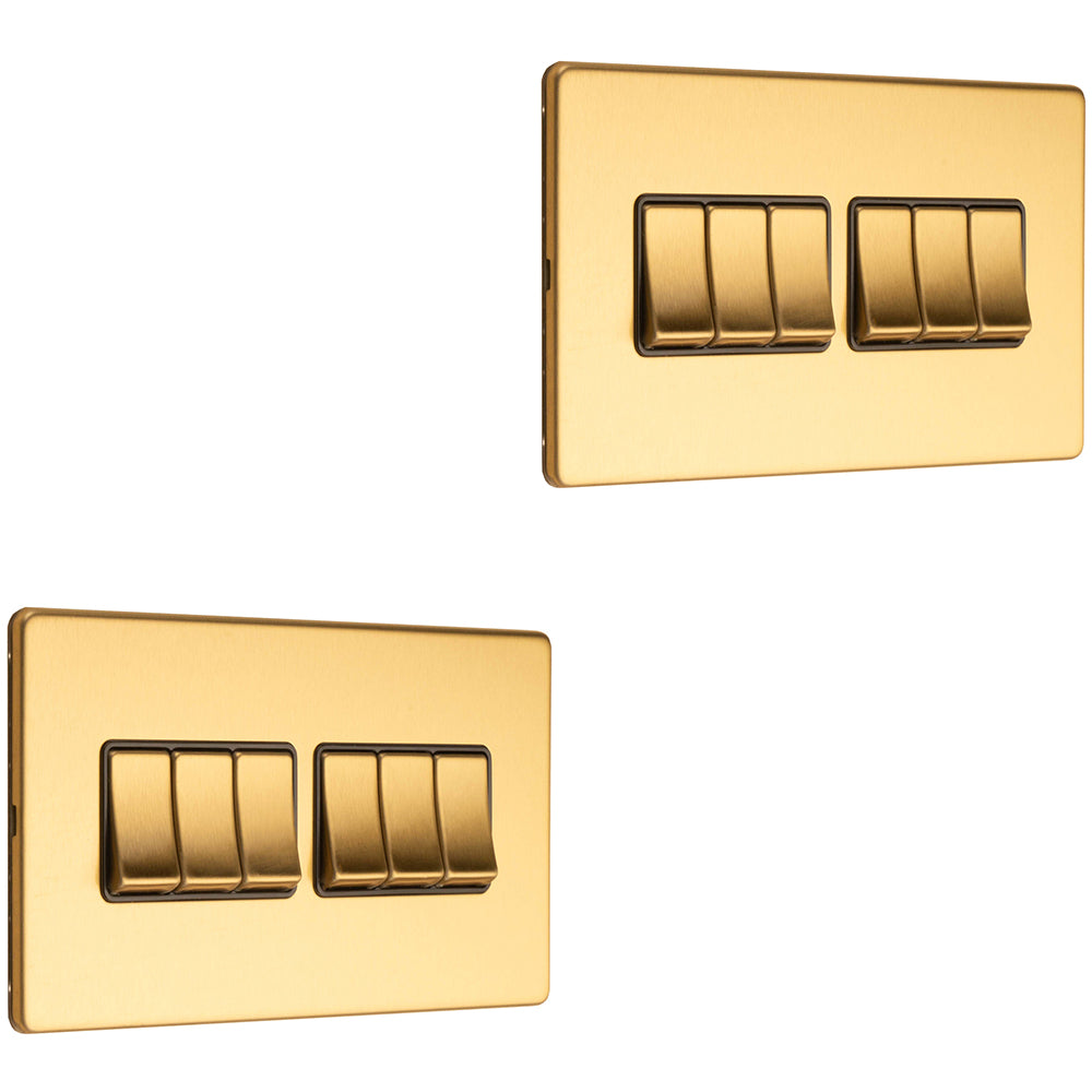 2 PACK 6 Gang Multi Light Switch SCREWLESS SATIN BRASS 2 Way 10A Slim ...