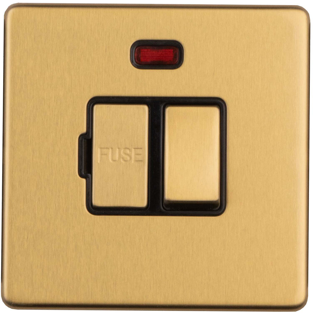 1 Gang 13A Switched Fuse Spur Neon SCREWLESS SATIN BRASS Rocker Mains ...