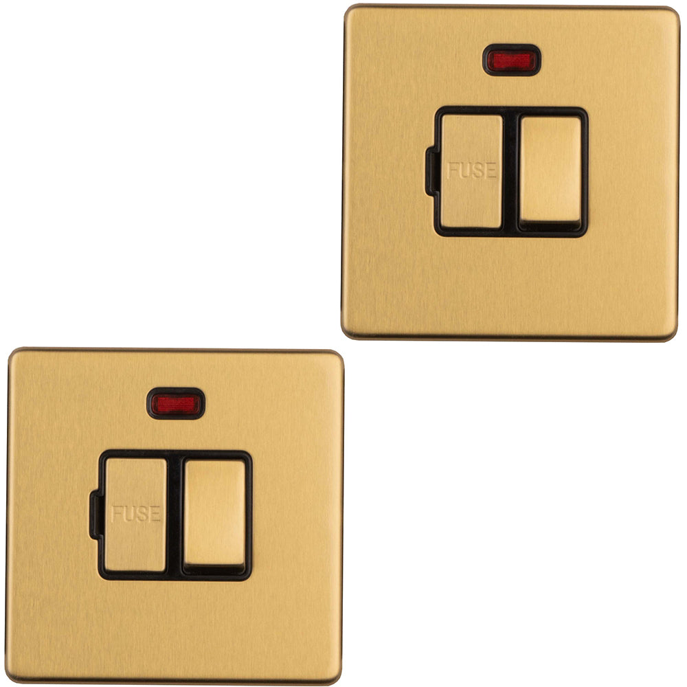 2 PACK 1 Gang 13A Switched Fuse Spur Neon SCREWLESS SATIN BRASS Mains ...