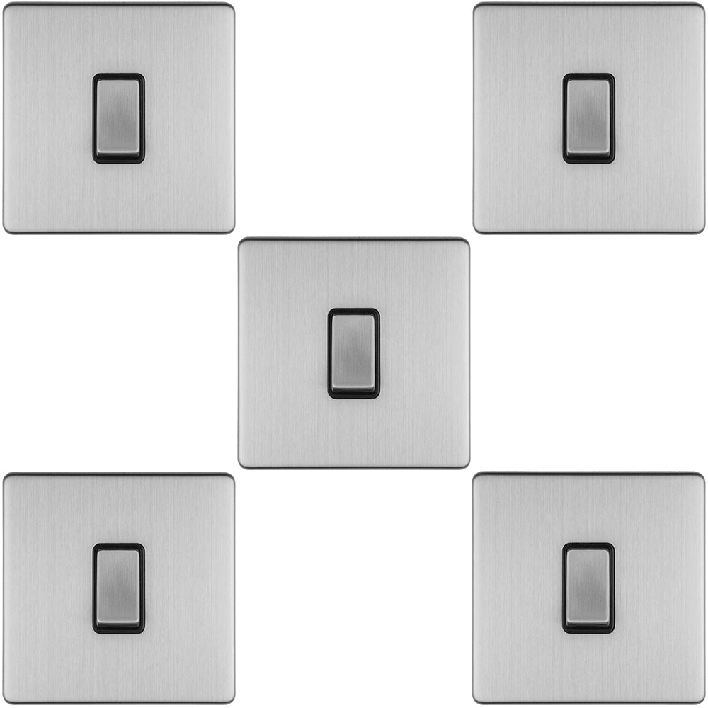 5 PACK 1 Gang Single Light Switch SCREWLESS SATIN STEEL 2 Way 10A Slim ...