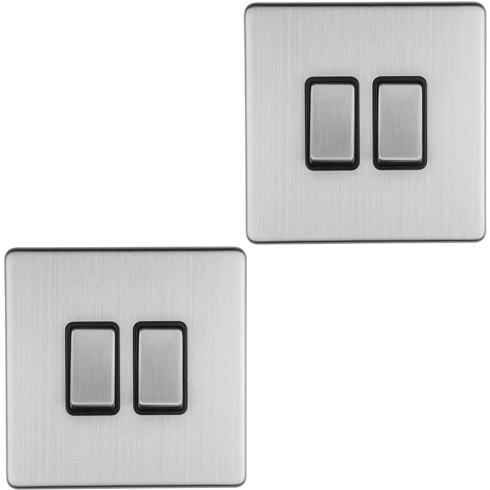 2 PACK 2 Gang Single Light Switch SCREWLESS SATIN STEEL 2 Way 10A Slim ...