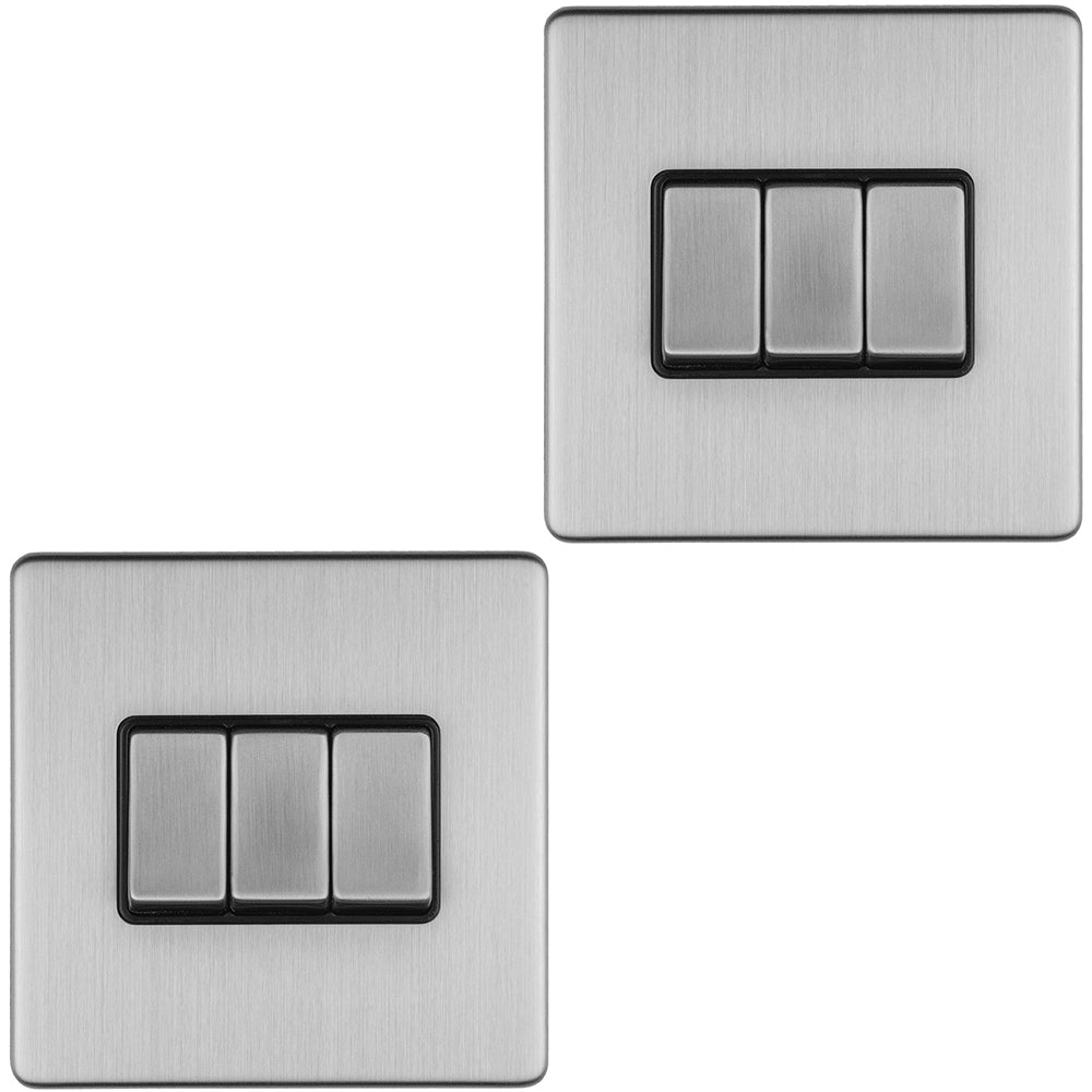 2 PACK 3 Gang Triple Light Switch SCREWLESS SATIN STEEL 2 Way 10A Slim ...