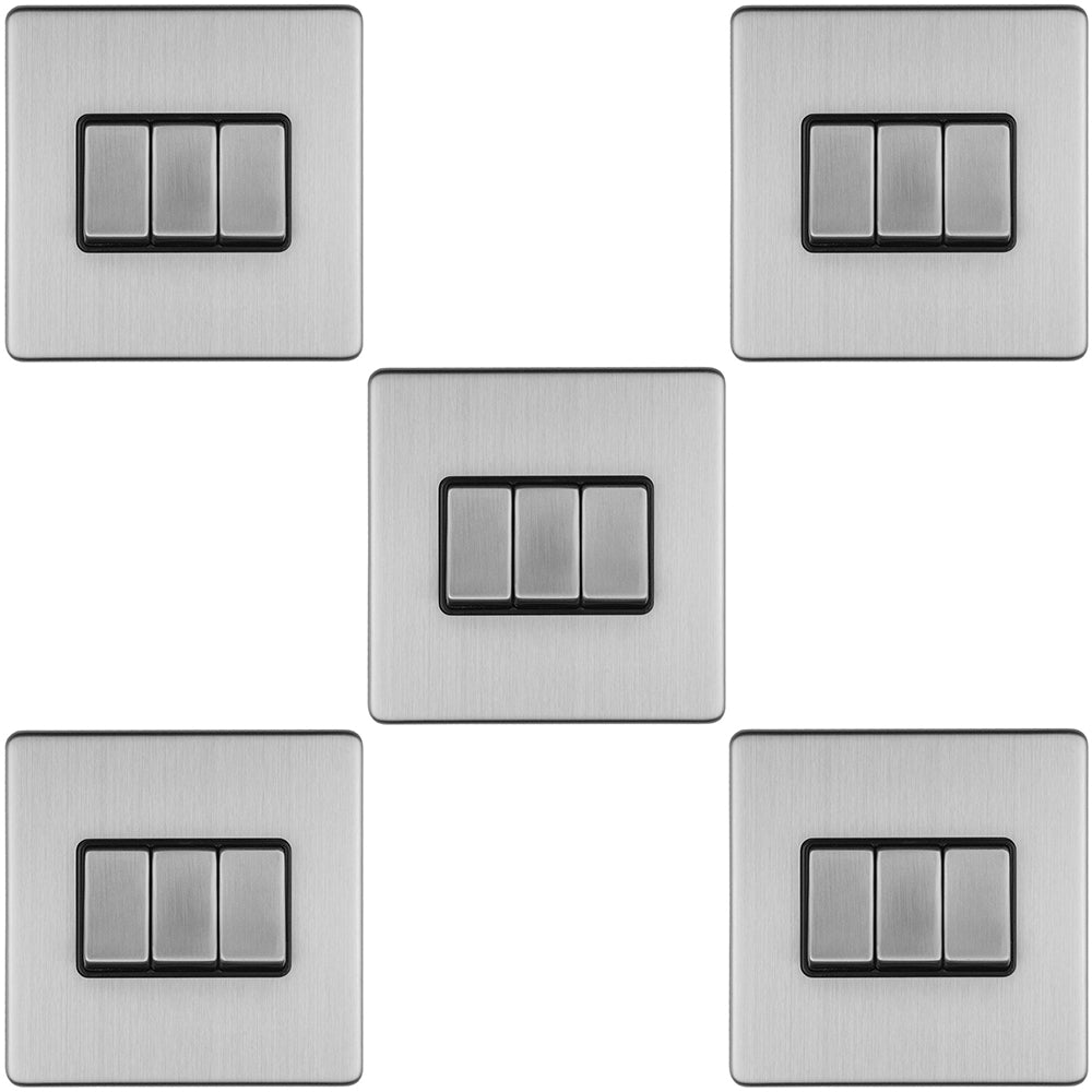 5 PACK 3 Gang Triple Light Switch SCREWLESS SATIN STEEL 2 Way 10A Slim ...