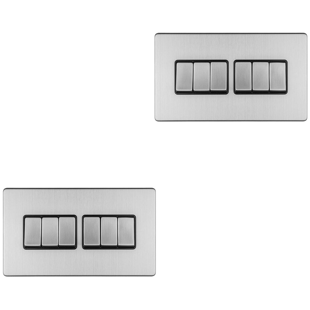 2 PACK 6 Gang Multi Light Switch SCREWLESS SATIN STEEL 2 Way 10A Slim ...