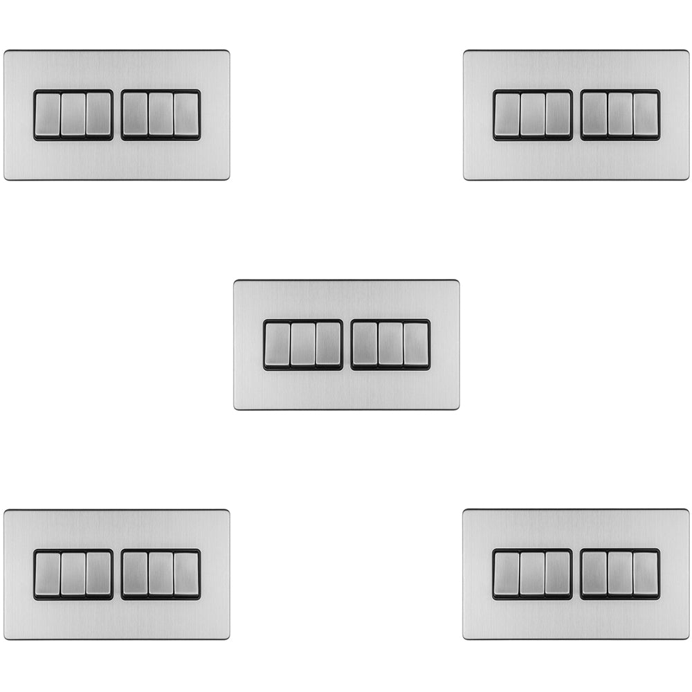 5 PACK 6 Gang Multi Light Switch SCREWLESS SATIN STEEL 2 Way 10A Slim ...