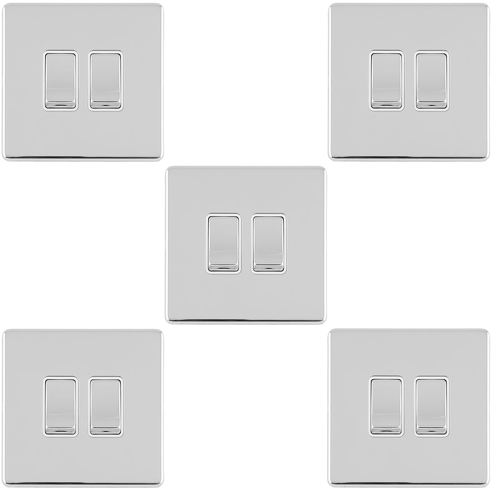 5 PACK 2 Gang Double Light Switch SCREWLESS POLISHED CHROME 2 Way 10A ...
