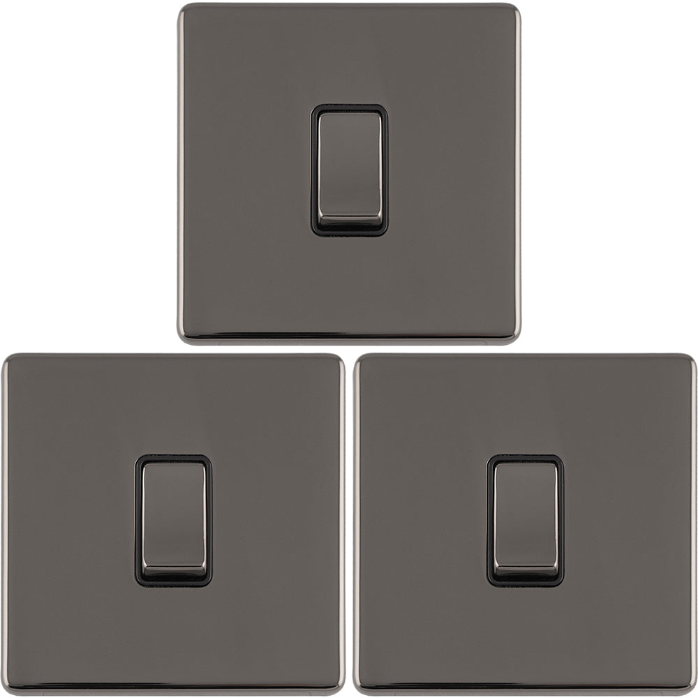 3 PACK 1 Gang Single Light Switch SCREWLESS BLACK NICKEL 2 Way 10A Sli ...