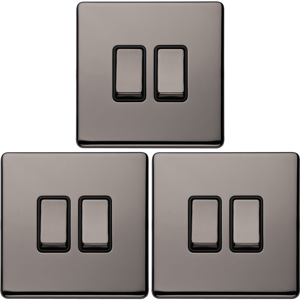 3 PACK 2 Gang Single Light Switch SCREWLESS BLACK NICKEL 2 Way 10A Sli ...