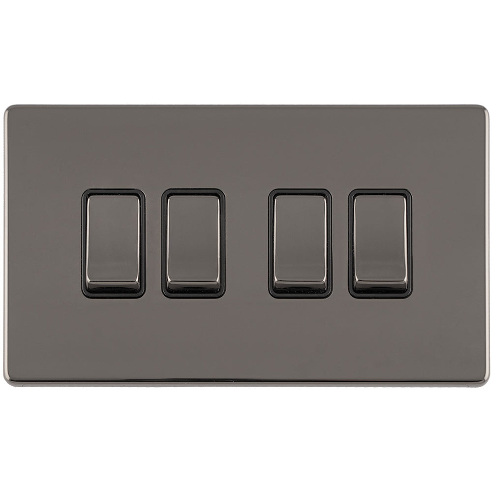 4 Gang Quad Light Switch SCREWLESS BLACK NICKEL 2 Way 10A Metal Rocker ...