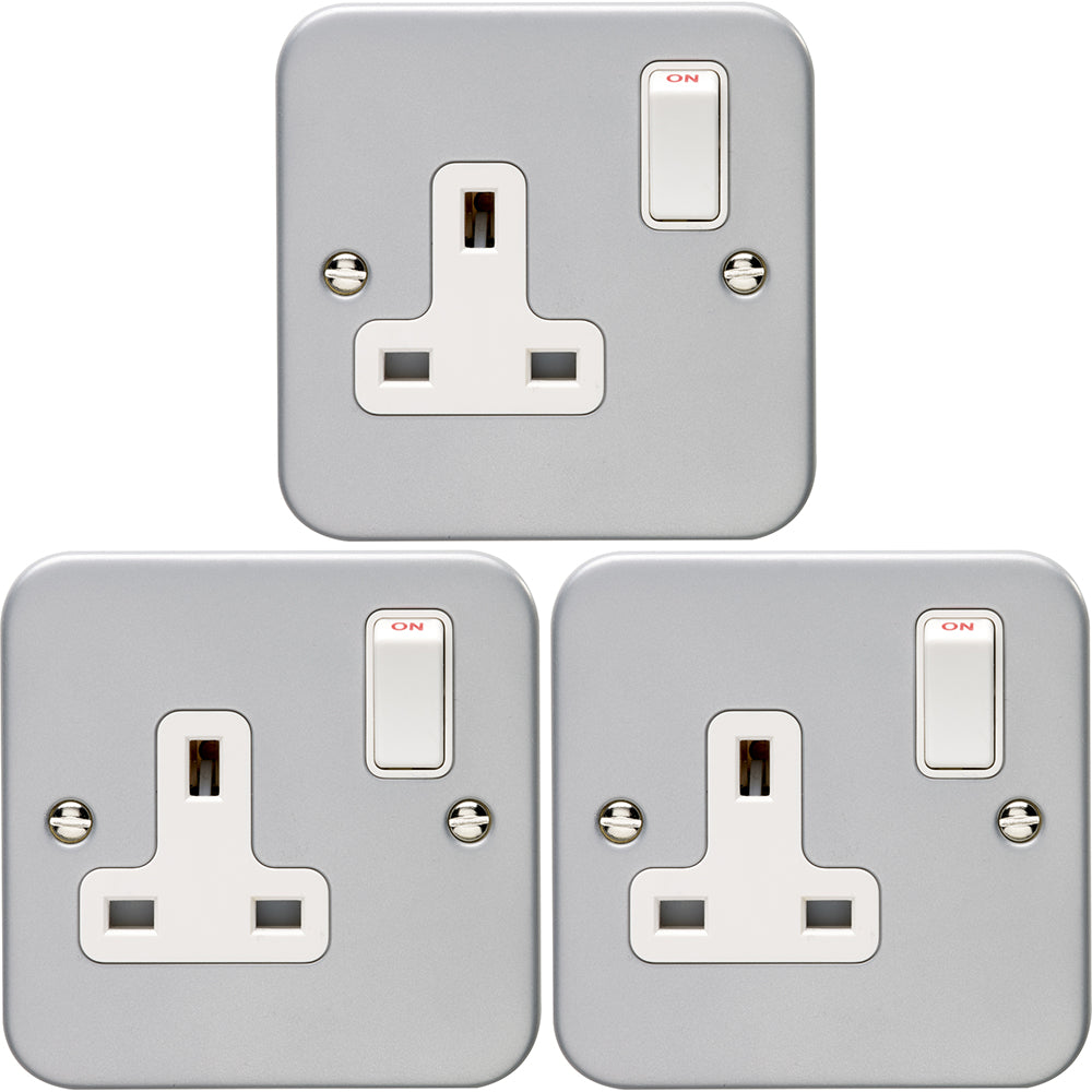 3 PACK 1 Gang Single 13A Switched UK Plug Socket HEAVY DUTY METAL CLAD ...
