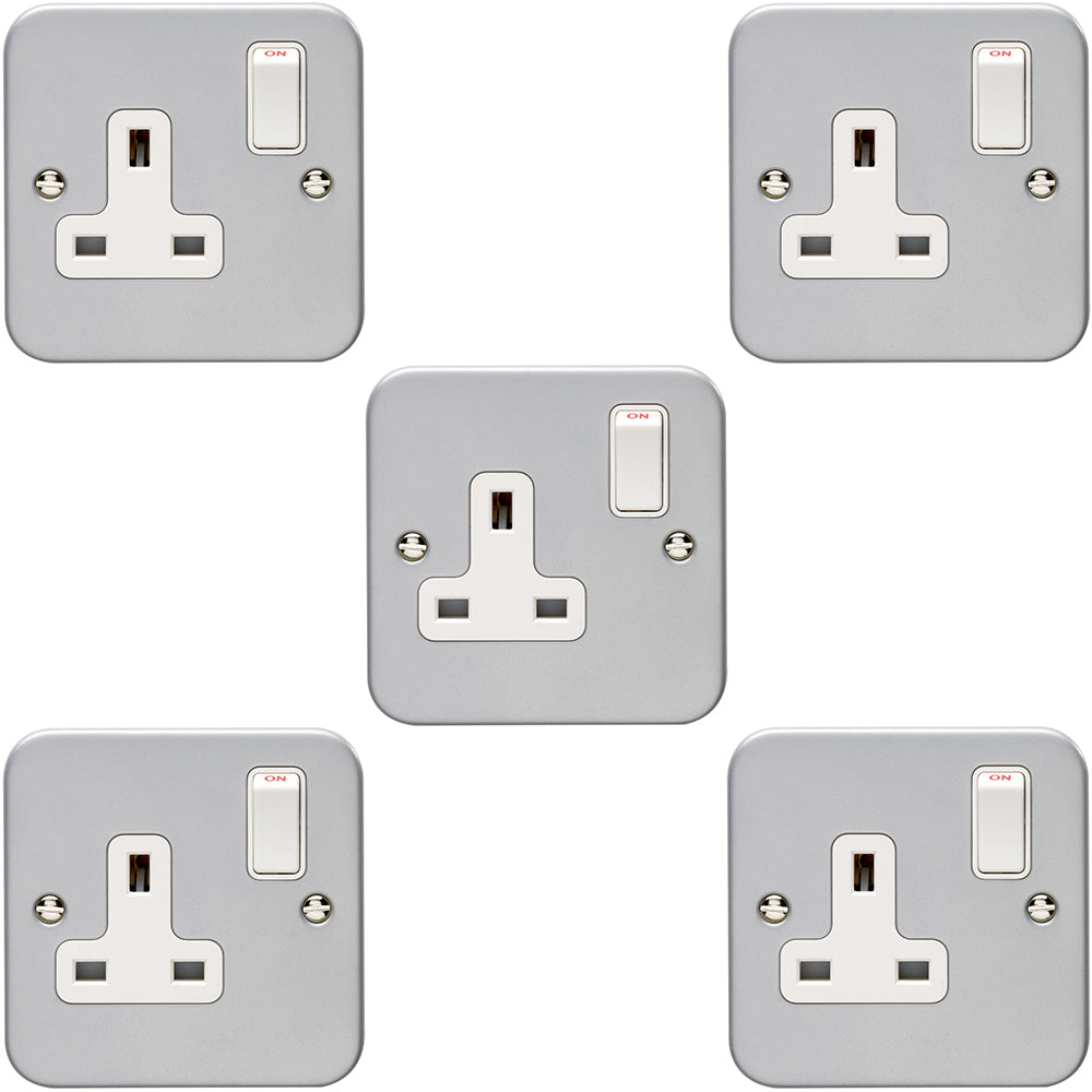 5 PACK 1 Gang Single 13A Switched UK Plug Socket HEAVY DUTY METAL CLAD ...