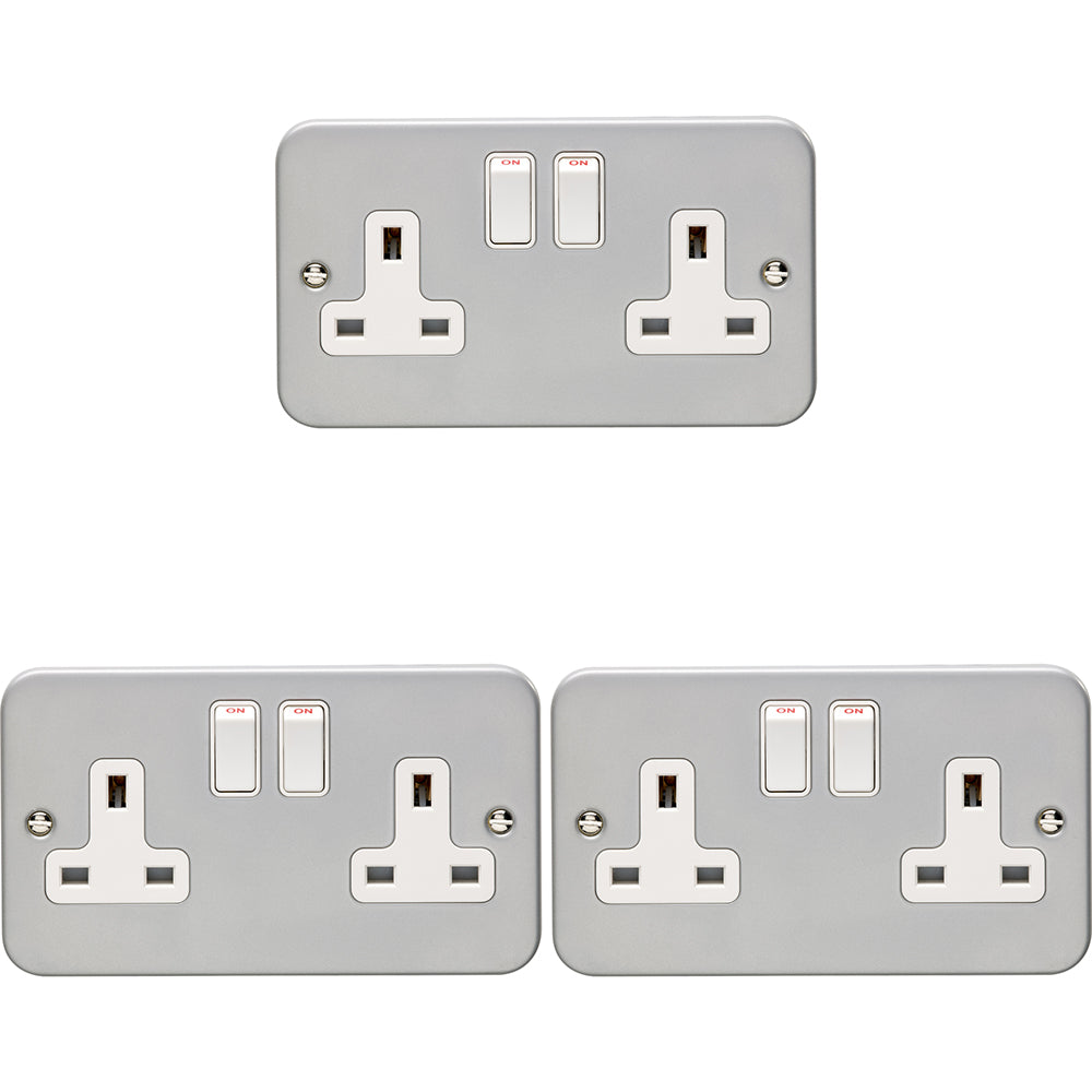 3 PACK 2 Gang Double 13A Switched UK Plug Socket HEAVY DUTY METAL CLAD ...