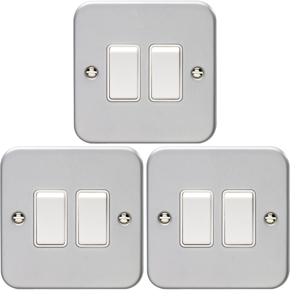 3 PACK 2 Gang Double Light Switch 2 Way 10A HEAVY DUTY METAL CLAD - Wh ...