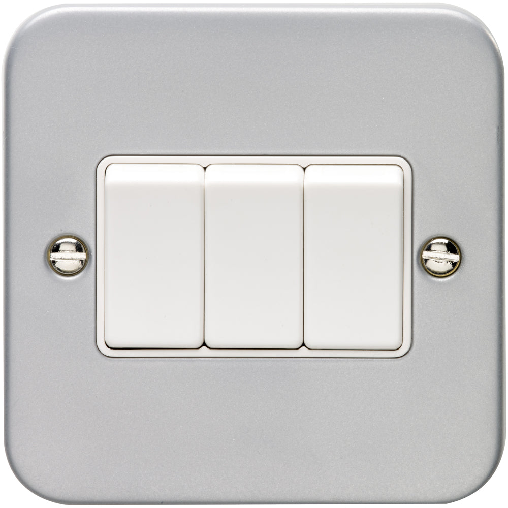 3 Gang Triple Light Switch 2 Way 10A HEAVY DUTY METAL CLAD - White Tri ...